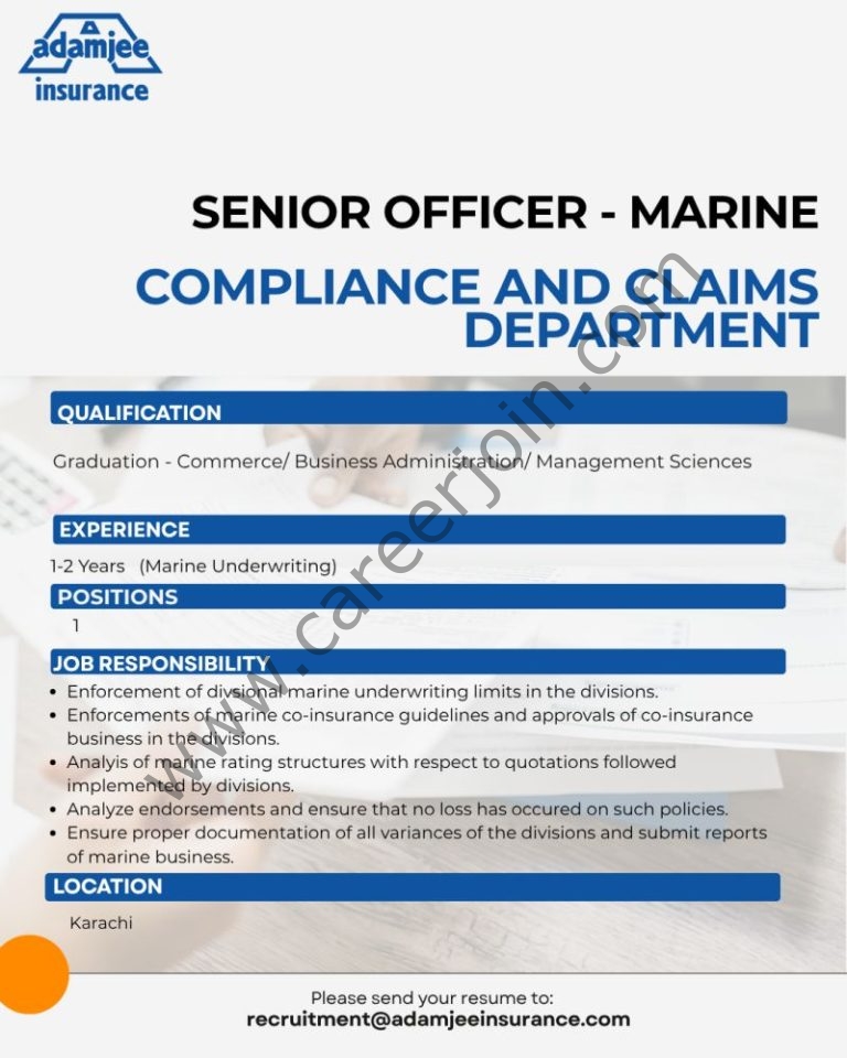 Adamjee Insurance Jobs Senior Officer Marine Compliance & Claims