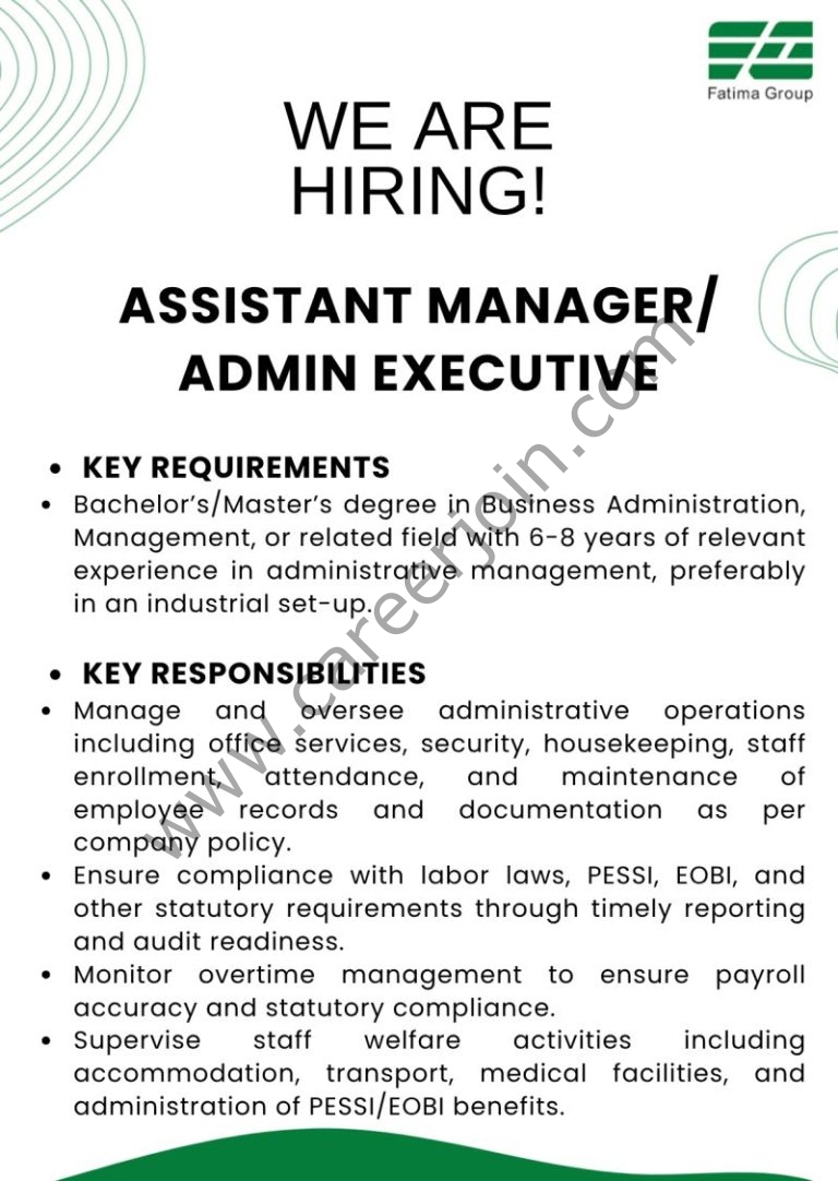Fatima Group Jobs Assistant Manager/Admin Executive