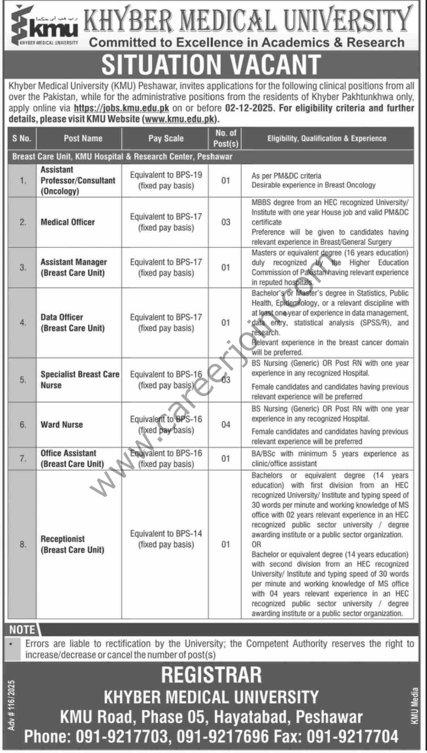 Khyber Medical University KMU Jobs November 2025