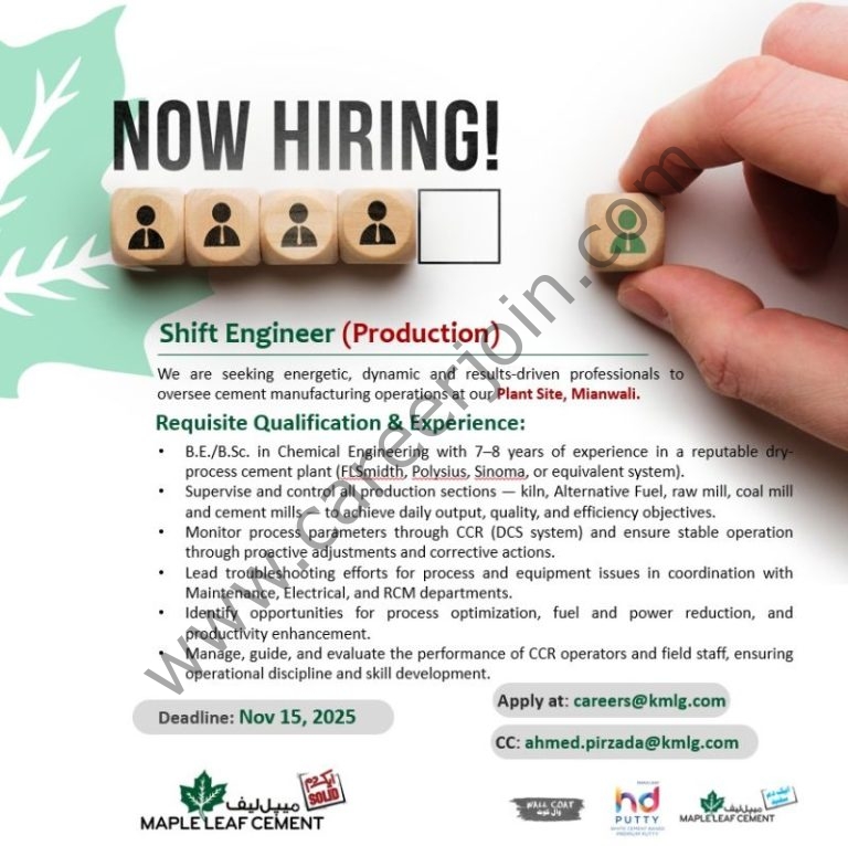 Maple Leaf Cement Factory Limited Jobs Shift Engineer (Production)