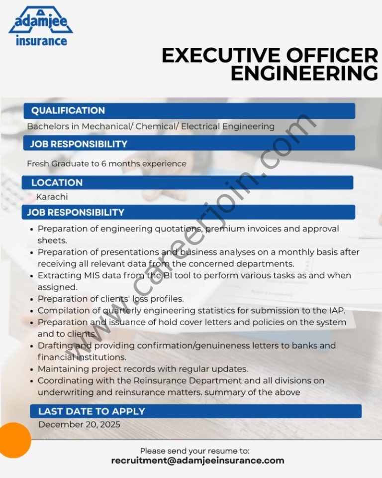 Adamjee Insurance Company Limited Jobs Executive Officer Engineering