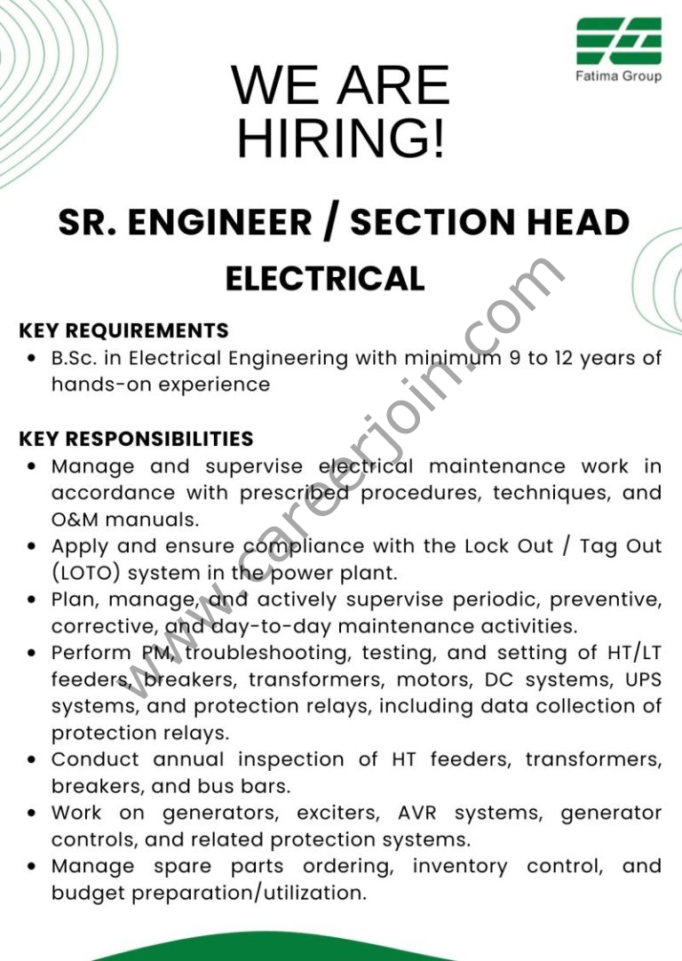 Fatima Group Jobs Sr Engineer / Section Head Electrical