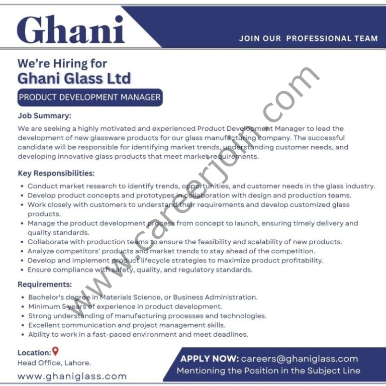 Ghani Glass Limited Jobs Product Development Manager