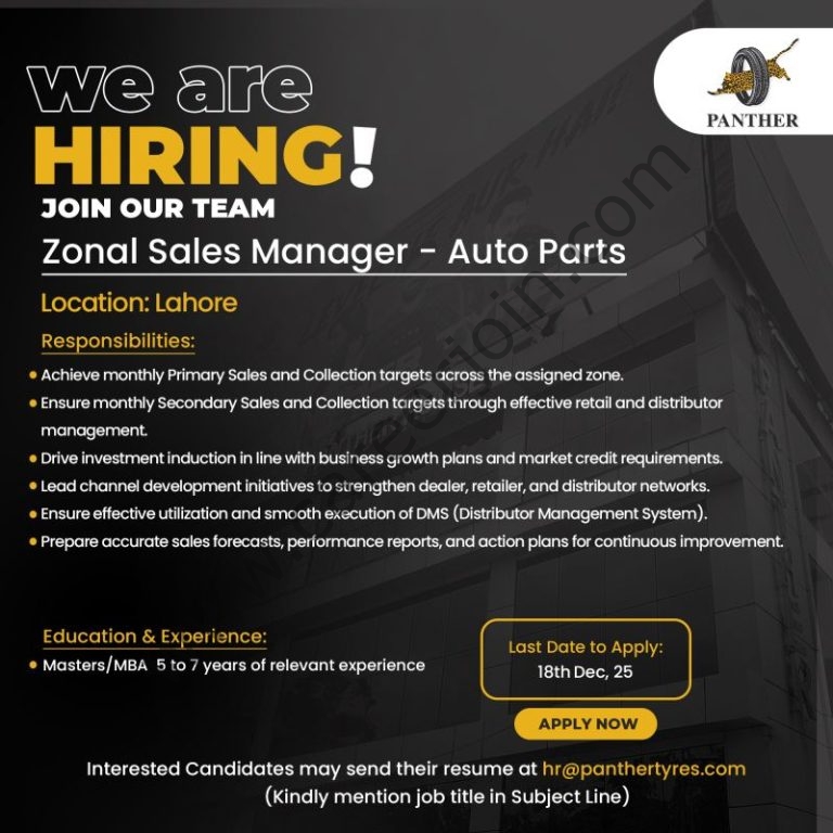 Panther Tyres Limited Jobs Zonal Sales Manager (Auto Parts)
