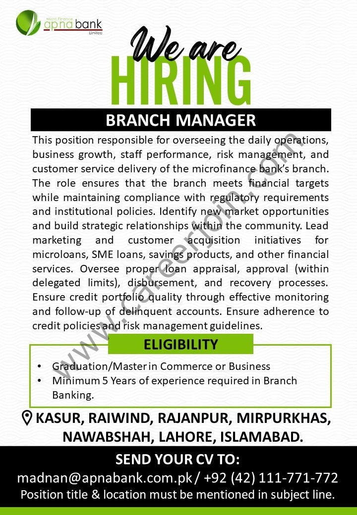 APNA Microfinance Bank Limited Jobs Branch Manager