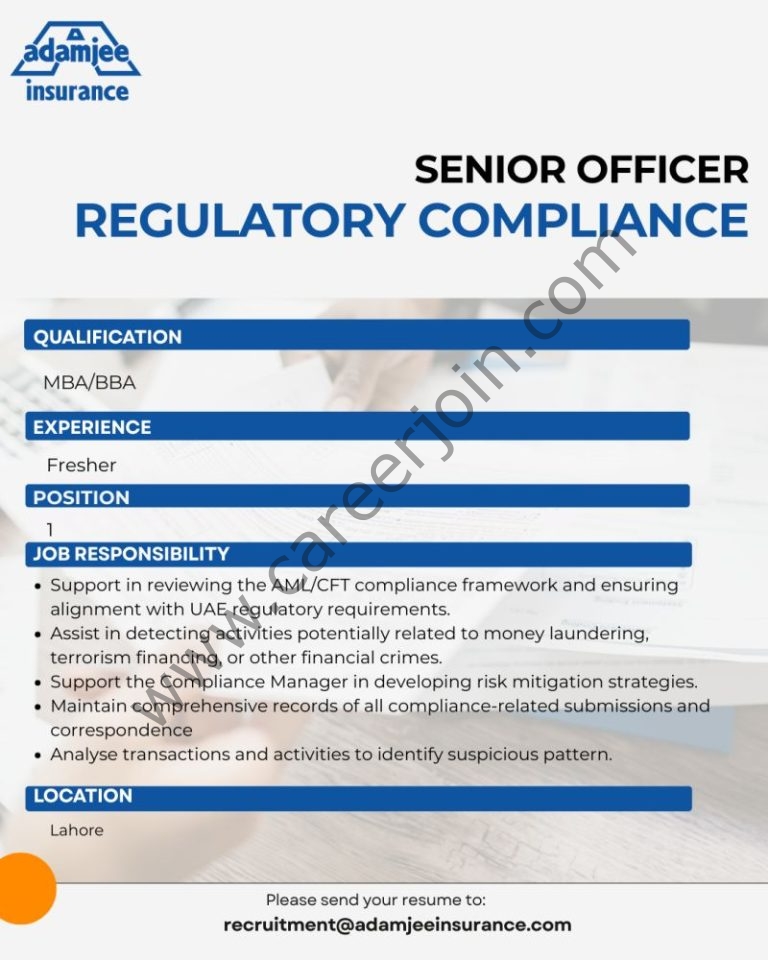 Adamjee Insurance Company Limited Jobs Senior Officer Regulatory Compliance