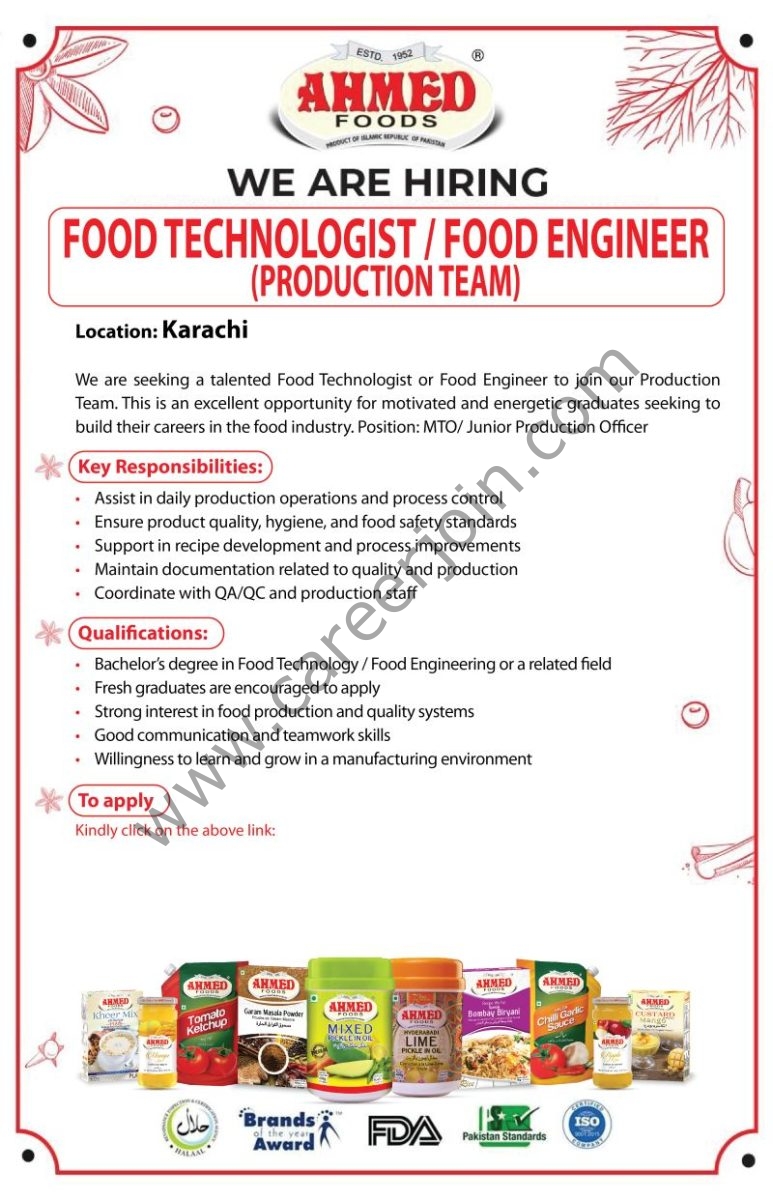 Ahmed Foods Pvt Ltd Jobs Food Technologist / Food Engineer