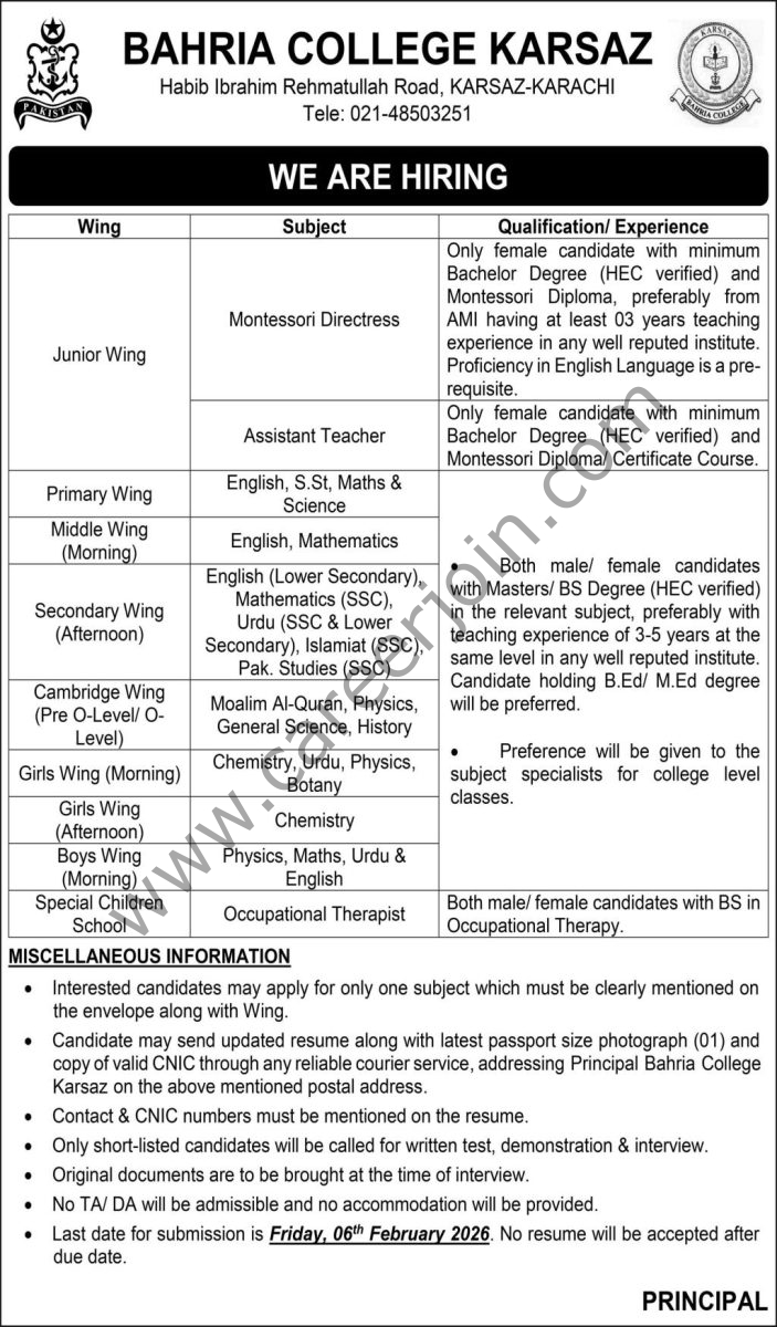 Bharia College Karsaz Jobs January 2026