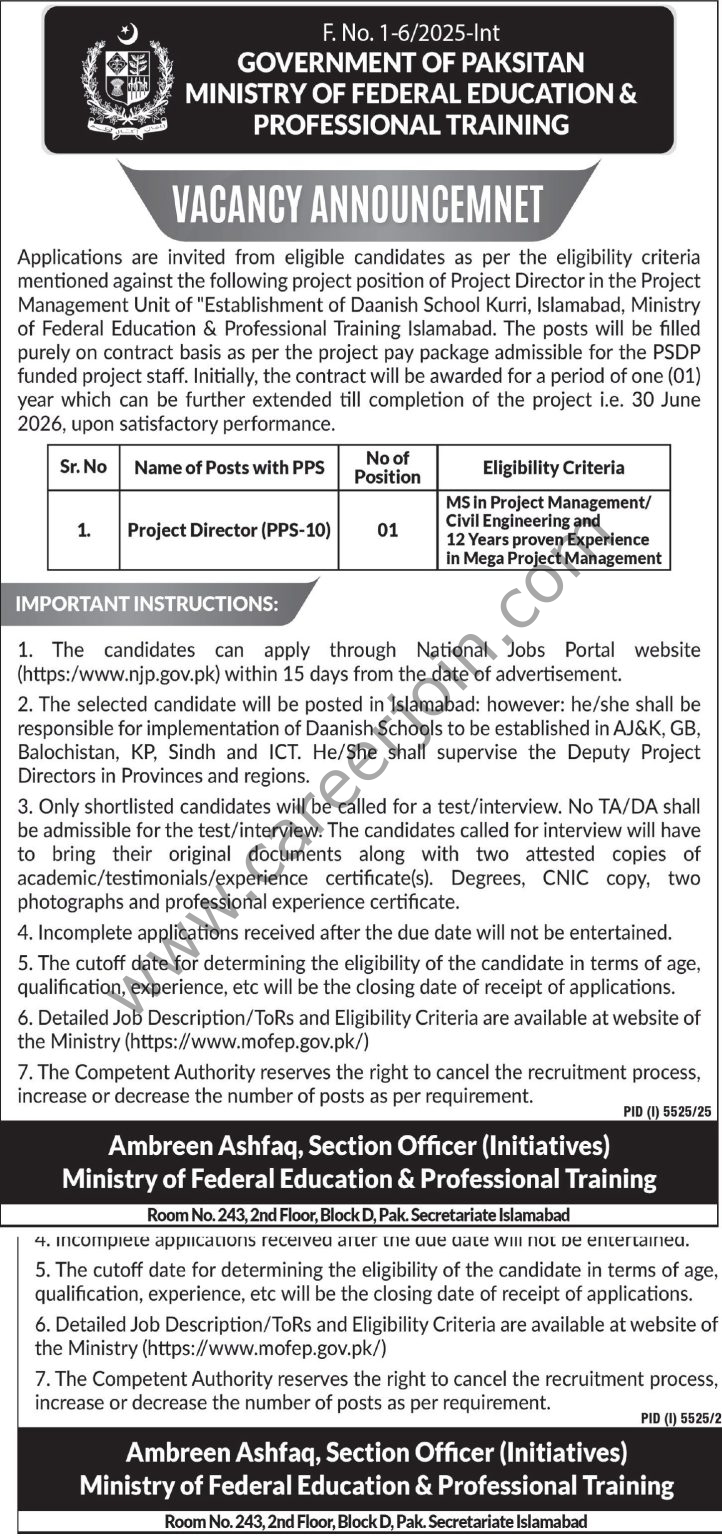 Ministry of Federal Education & Professional Training Jobs Project Director