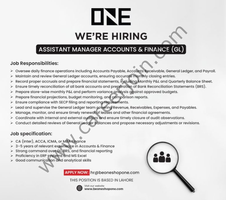 One Life Apparel Pvt Ltd Jobs Assistant Manager Accounts & Finance (GL)