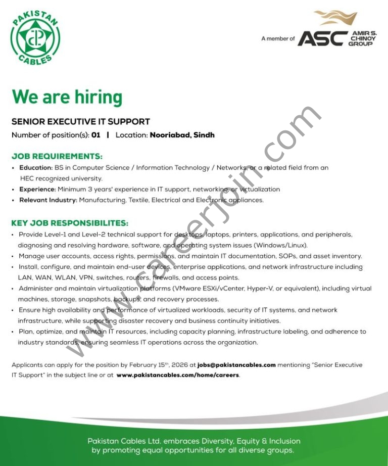 Pakistan Cables Limited Jobs Senior Executive IT Support