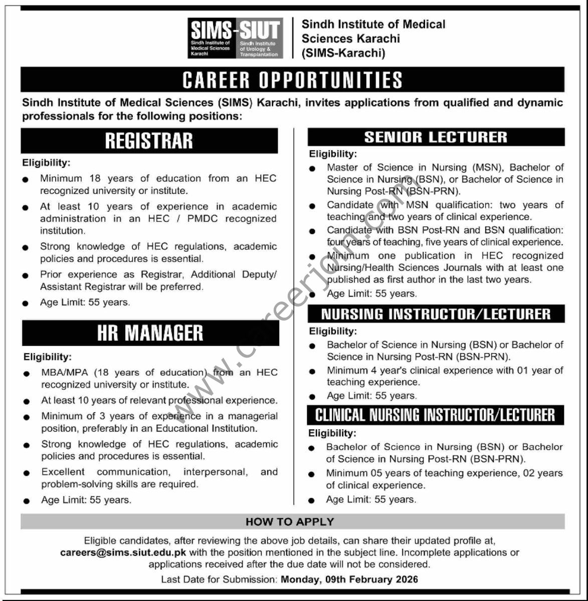 SIMS SIUT Jobs January 2026