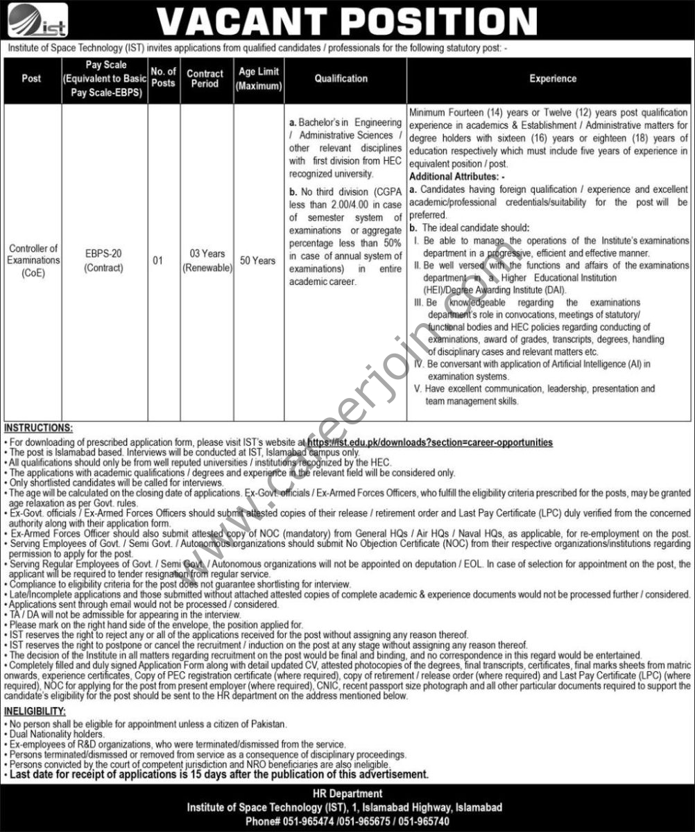 Institute of Space Technology IST Jobs Controller of Examinations