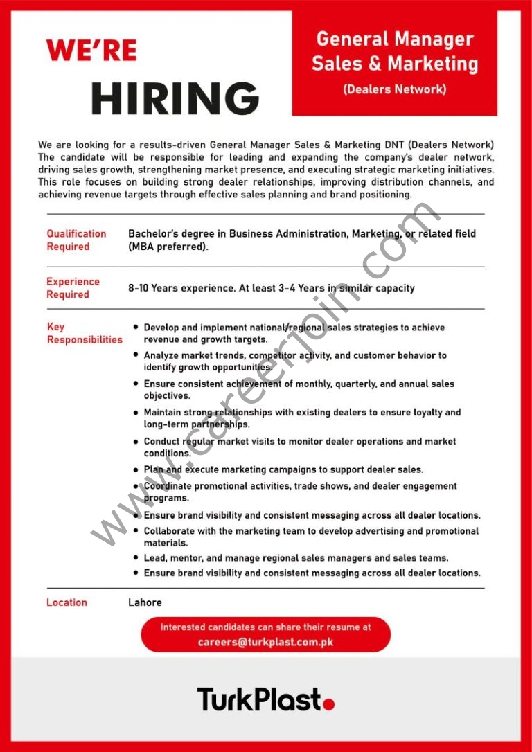 TurkPlast Pvt Ltd Jobs General Manager Sales & Marketing