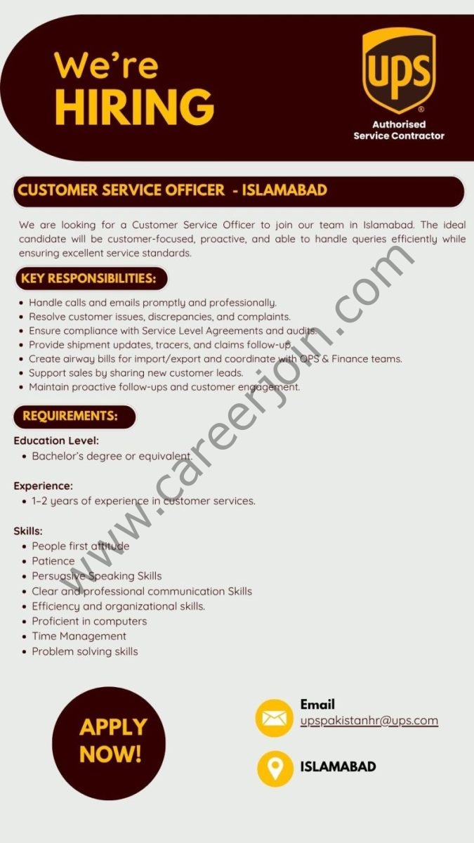 UPS Pakistan Jobs Customer Service Officer
