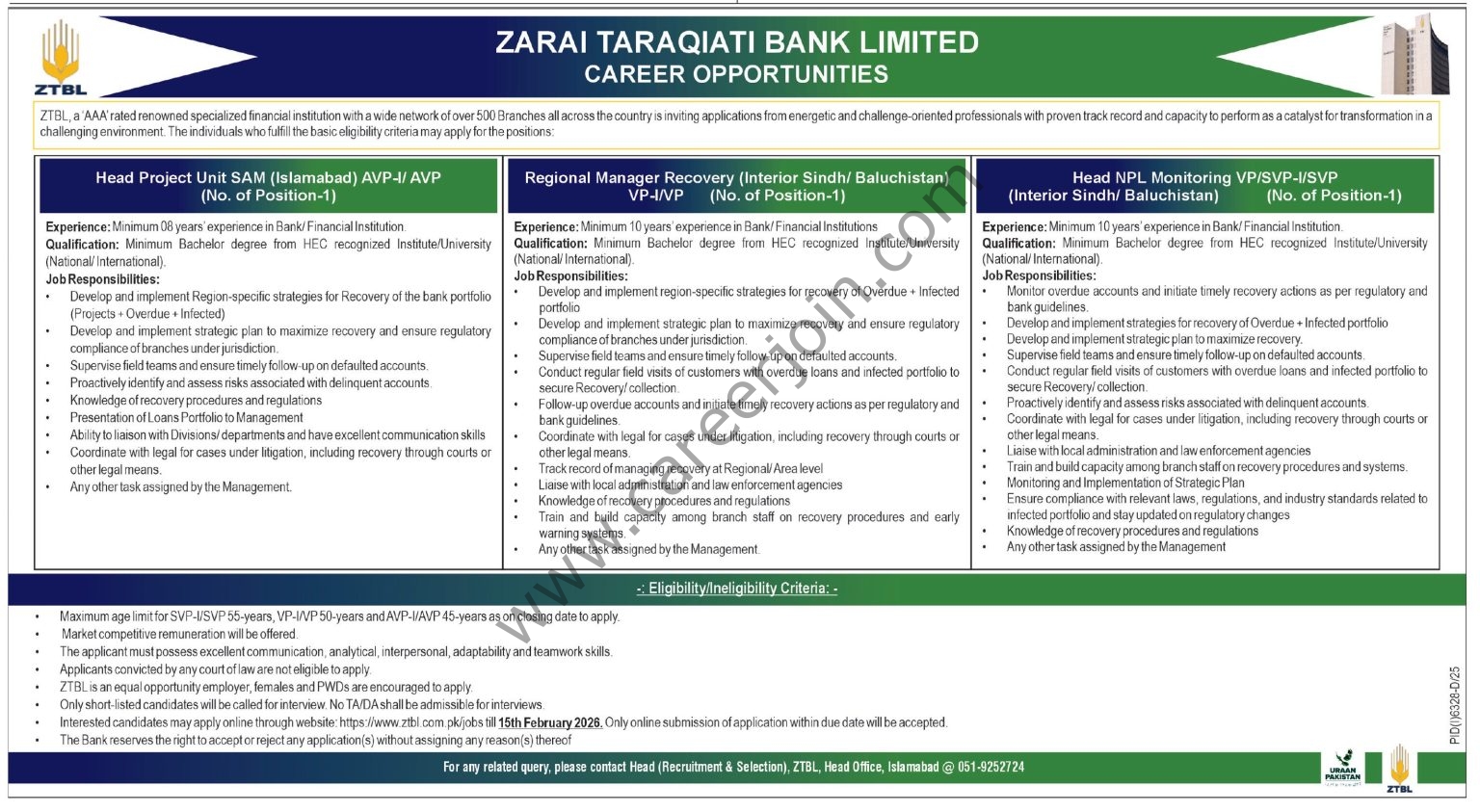 Zarai Taraqiati Bank Ltd ZTBL Jobs February 2026