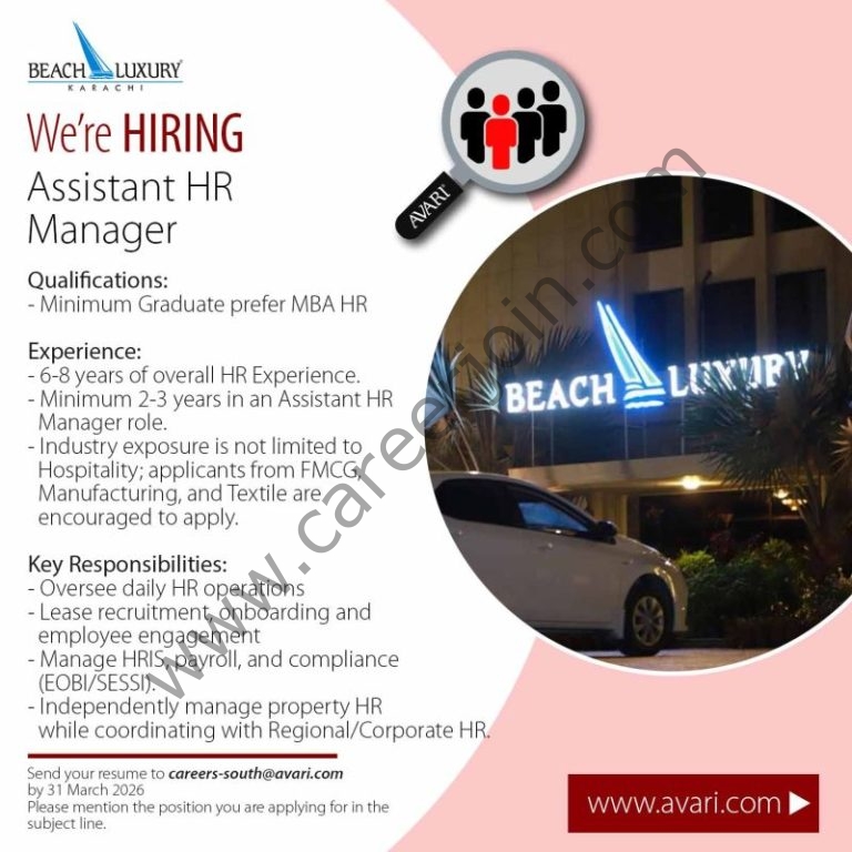 Avari Hotels Jobs Assistant HR Manager