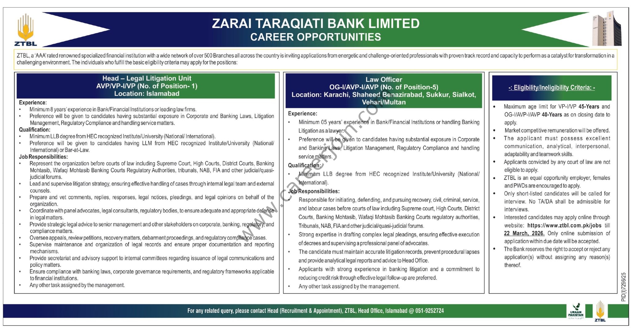 Zarai Taraqiati Bank Ltd ZTBL Jobs March 2026