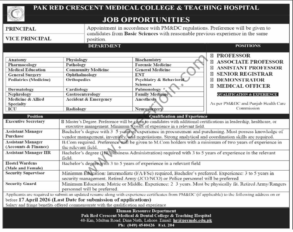 Pak Red Crescent Medical & Dental College & Teaching Hospital Jobs ...