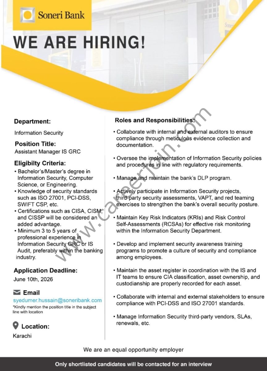Soneri Bank Jobs Assistant Manager IS GRC