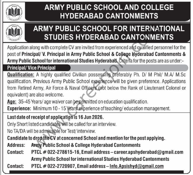 Army Public School & College Jobs Principal – Vice Principal