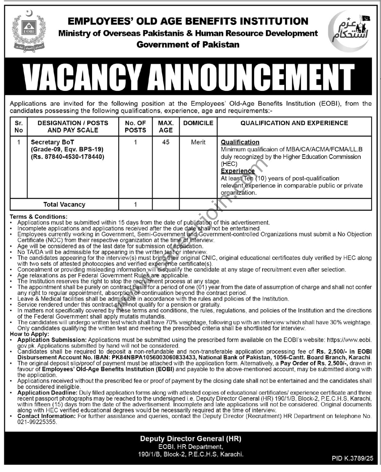 Employee Old Age Benefits Institution EOBI Jobs Secretary BoT