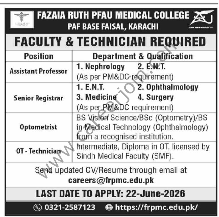 Fazaia Ruth PFAU Medical College Jobs June 2026