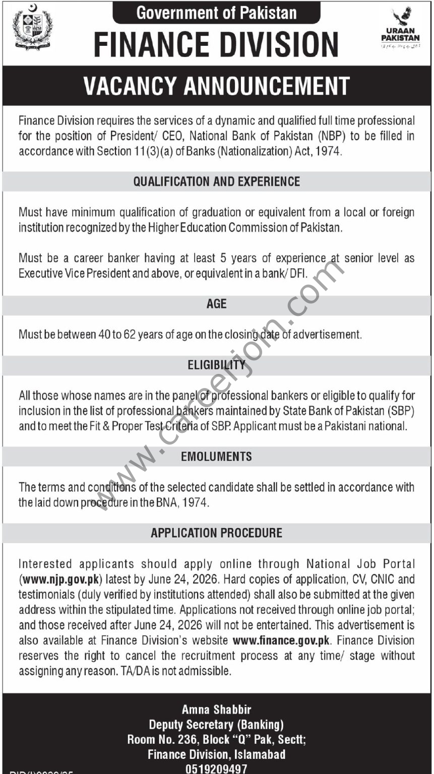 Finance Division Government of Pakistan Jobs President - CEO
