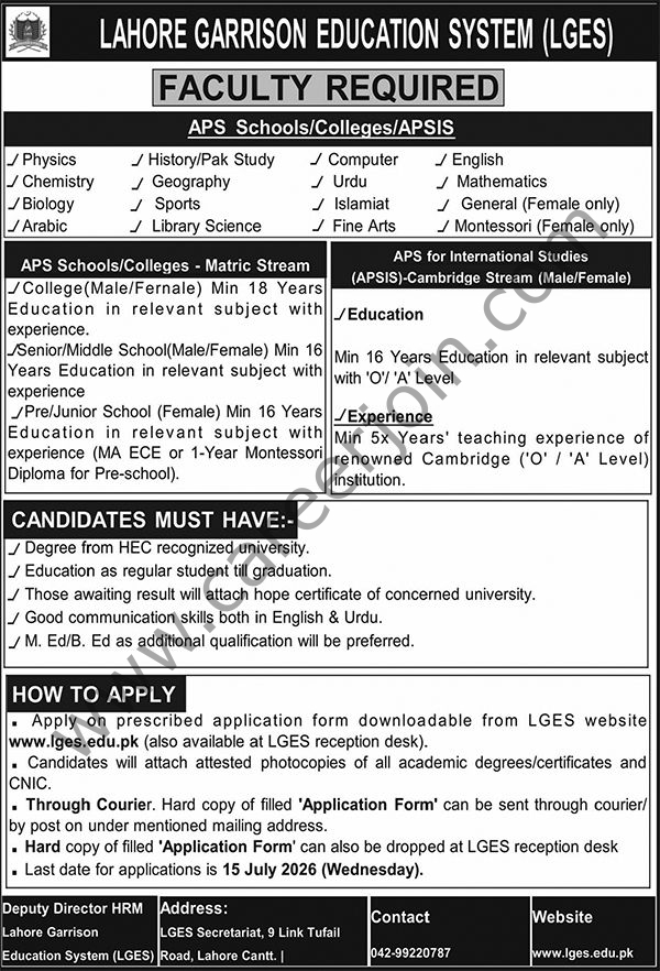Lahore Garrison Education System LGES Jobs June 2026