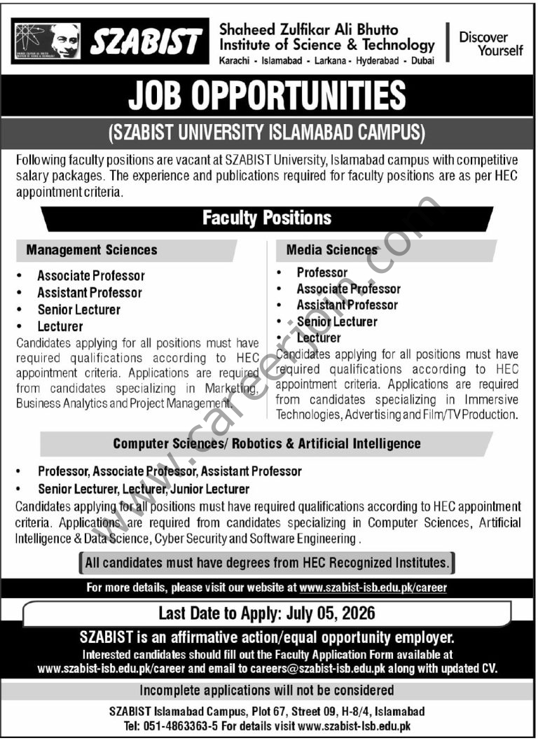 SZABIST University Jobs June 2026