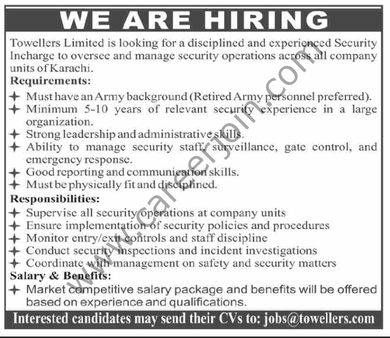 Towellers Ltd Jobs Security Incharge